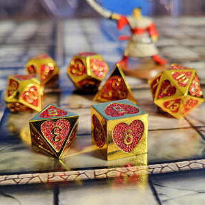 Fortunate Heart Set of 7 Heart-Shaped Metal RPG Dice and Heart Dice Bo